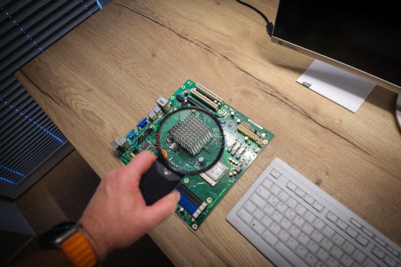 A Computer Mainboard is Examined with a Magnifying Glass Stock Image ...