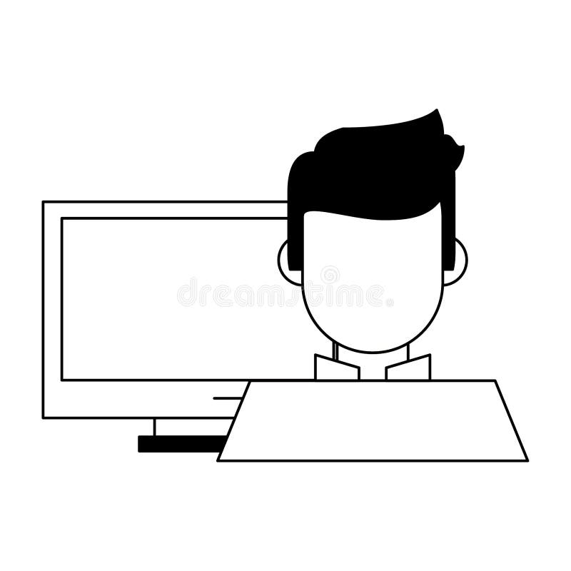 Computer and a Man in Black and White Stock Vector - Illustration of ...