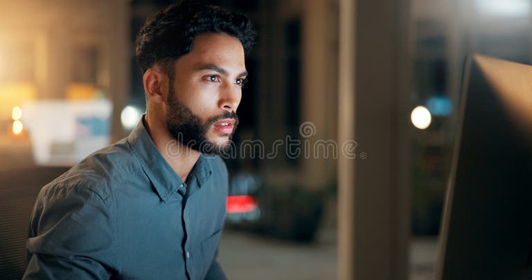 Computer, Man and Coder in Office at Night with Deadline for Web Development with Software ...