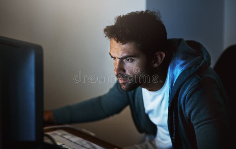 Computer Man Or Hacker At Night For Cyber Security Coding Software And Programming Malware