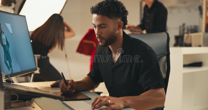 Computer, Man and Photography Editor in Studio for Drawing or ...