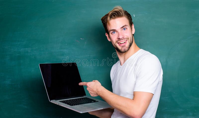 Computer Master. Student Man at E Learning Class. College Teacher Use ...