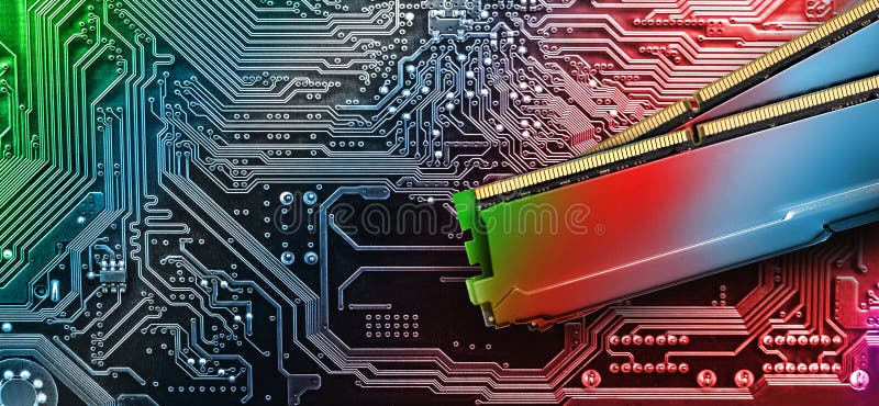 Computer Memory RAM on Circuit Motherboard Background Stock Photo ...