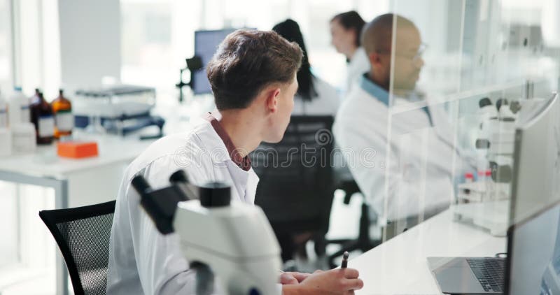 Computer, Men and Scientist Talking To Team for Research Results ...