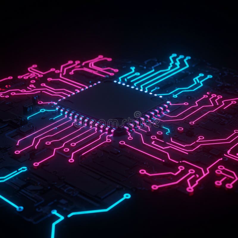 A Computer Microchip on a Dark Background with Neon Circuit Paths. the ...