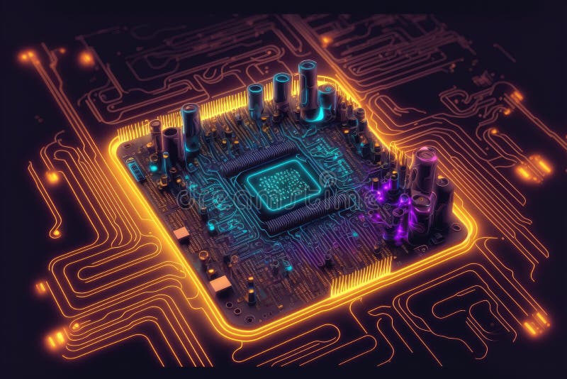 Computer Microchip Semiconductor on Motherboard Futuristic Cyber Neon Lighting Stock ...