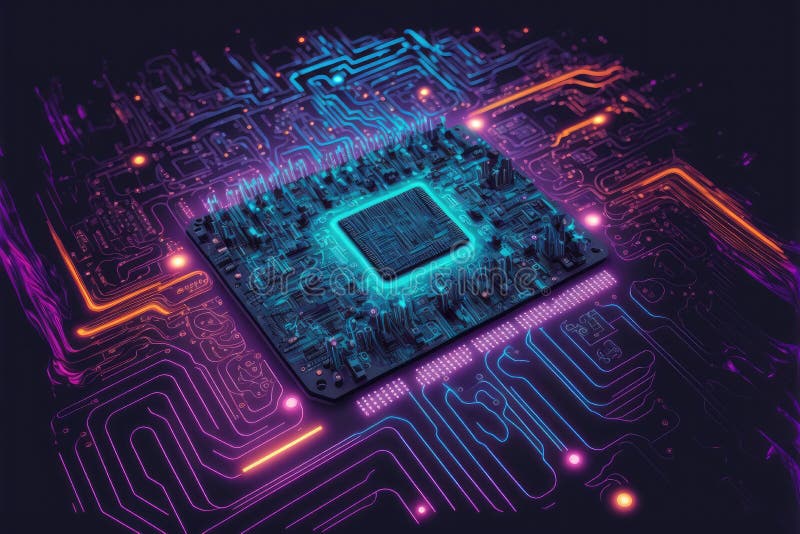 Computer Microchip Semiconductor on Motherboard Futuristic Cyber Neon ...
