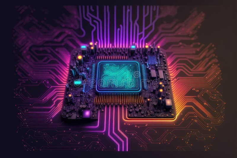 Computer Microchip Semiconductor on Motherboard Futuristic Cyber Neon ...