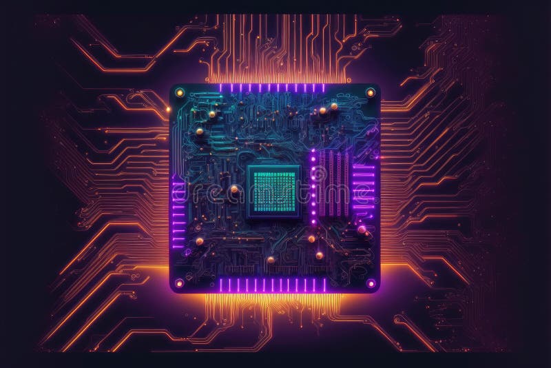 Computer Microchip Semiconductor on Motherboard Futuristic Cyber Neon ...