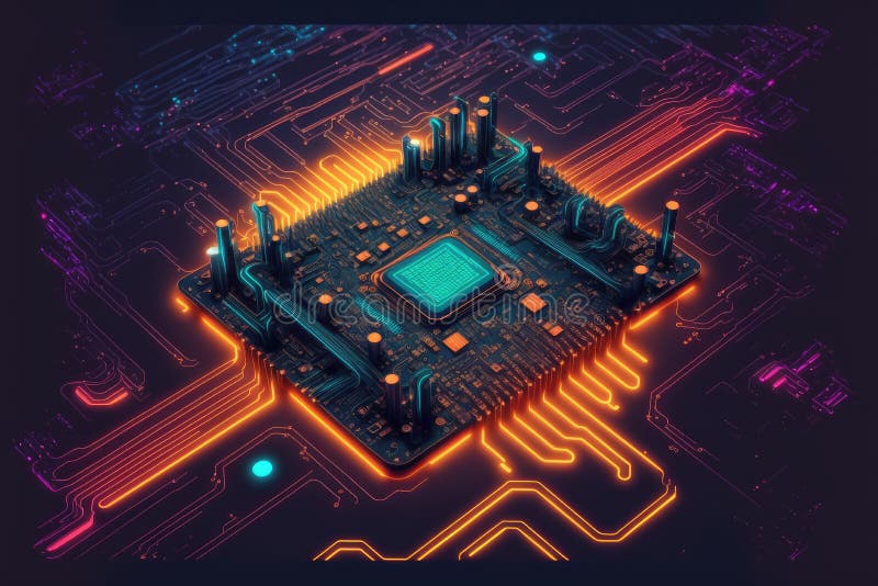 Computer Microchip Semiconductor on Motherboard Futuristic Cyber Neon ...