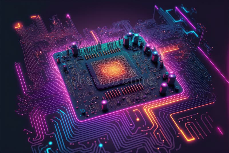 Computer Microchip Semiconductor on Motherboard Futuristic Cyber Neon ...