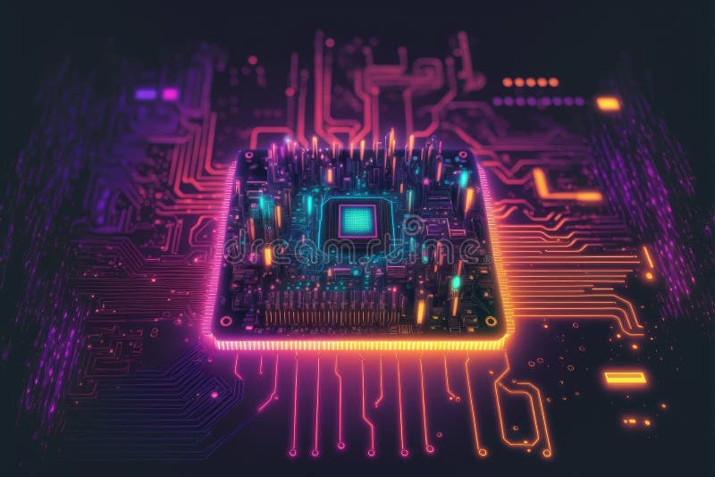 Computer Microchip Semiconductor on Motherboard Futuristic Cyber Neon ...
