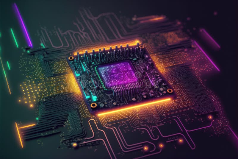 Computer Microchip Semiconductor on Motherboard Futuristic Cyber Neon ...
