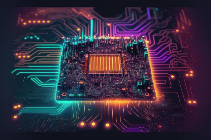 Computer Microchip Semiconductor on Motherboard Futuristic Cyber Neon ...