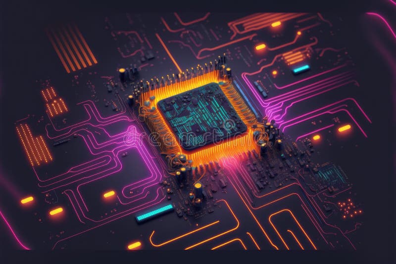 Computer Microchip Semiconductor on Motherboard Futuristic Cyber Neon ...