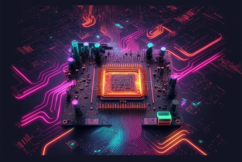 Computer Microchip Semiconductor on Motherboard Futuristic Cyber Neon ...