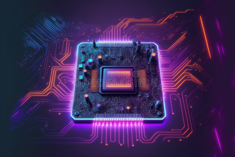 Computer Microchip Semiconductor on Motherboard Futuristic Cyber Neon ...