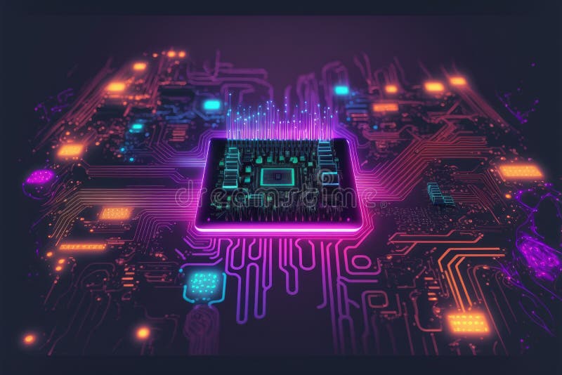 Computer Microchip Semiconductor on Motherboard Futuristic Cyber Neon ...