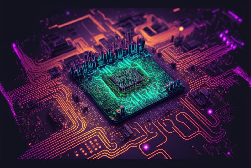 Computer Microchip Semiconductor on Motherboard Futuristic Cyber Neon ...