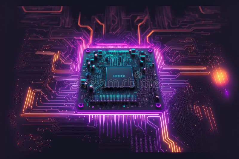 Computer Microchip Semiconductor on Motherboard Futuristic Cyber Neon ...