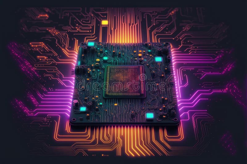 Computer Microchip Semiconductor on Motherboard Futuristic Cyber Neon ...