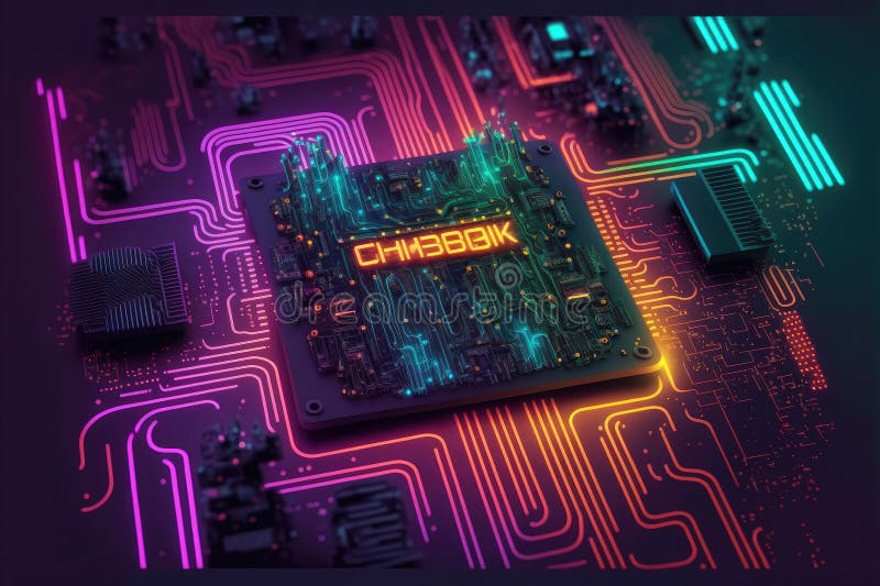 Computer Microchip Semiconductor on Motherboard Futuristic Cyber Neon ...
