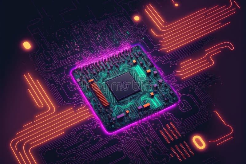 Computer Microchip Semiconductor on Motherboard Futuristic Cyber Neon ...
