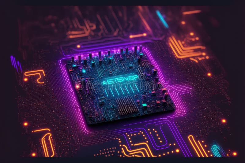 Computer Microchip Semiconductor on Motherboard Futuristic Cyber Neon ...