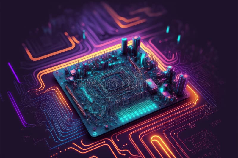 Computer Microchip Semiconductor on Motherboard Futuristic Cyber Neon ...
