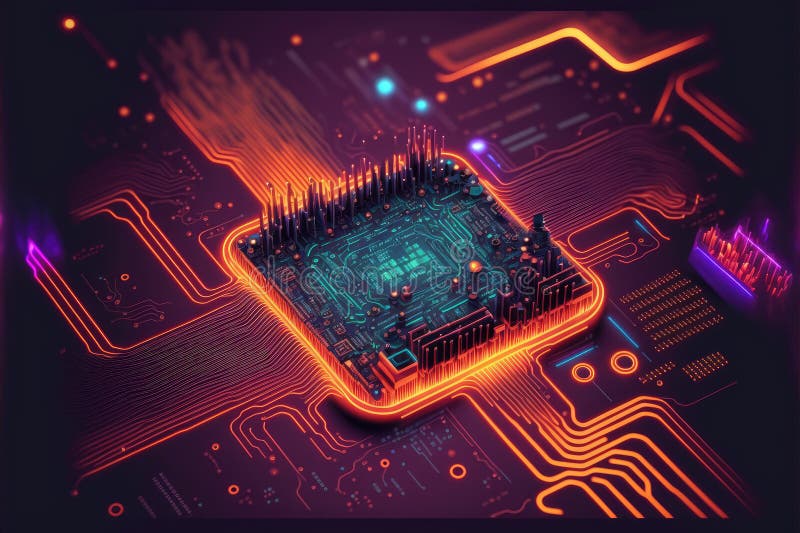 Computer Microchip Semiconductor on Motherboard Futuristic Cyber Neon ...