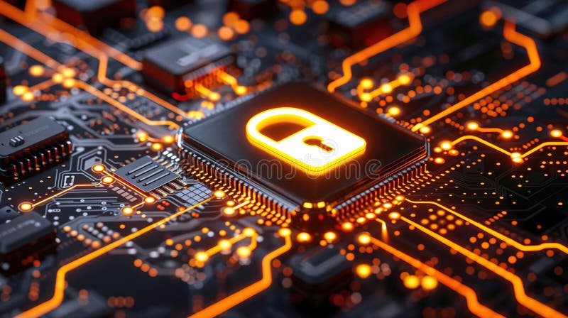 A Computer Microprocessor with a Yellow Padlock. the Padlock and the ...