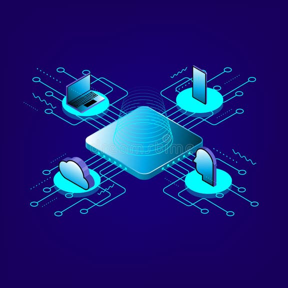 Microship Sharing Data with Electronic Device. Smartphone and Laptop Connect. Cloud Server ...