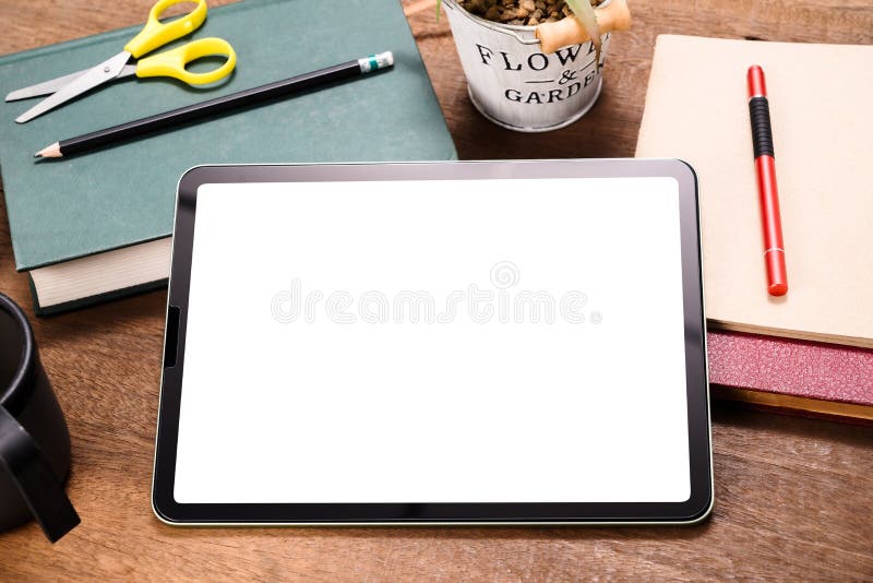 Mobile Tablet on the Wood Desk Stock Image - Image of books, learn ...