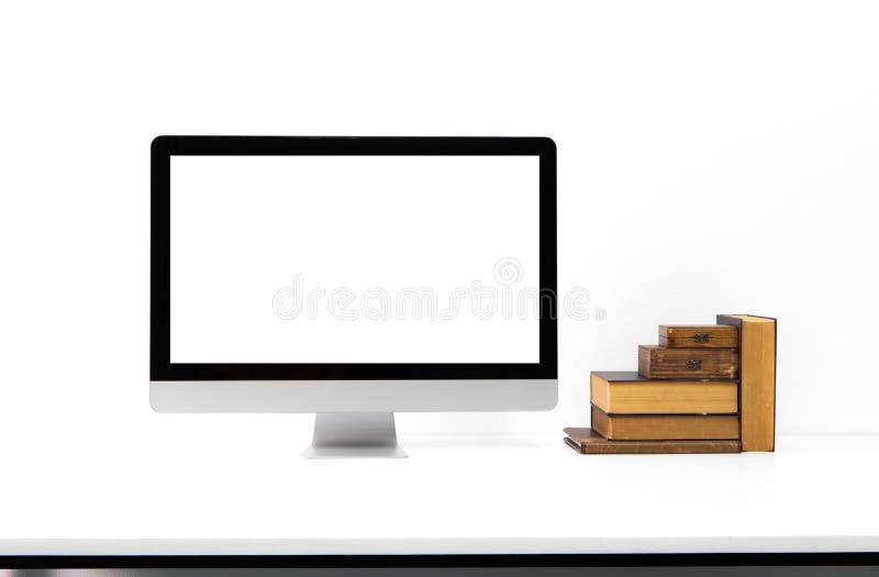 Computer Mock Up White Desk Table with Blank Screen. Stock Image ...