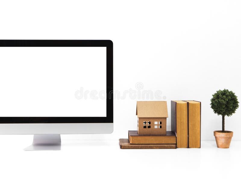 Computer Mock Up White Desk Table with Blank Screen. Stock Image ...