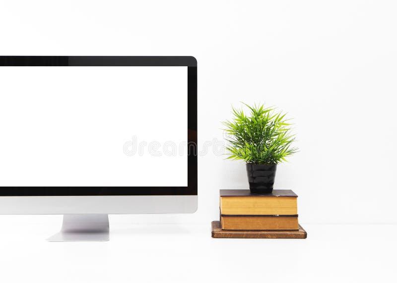Computer Mock Up White Desk Table with Blank Screen. Stock Image ...