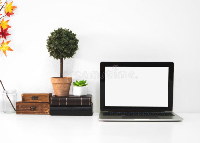 Computer Mock Up White Desk Table with Blank Screen. Stock Photo ...