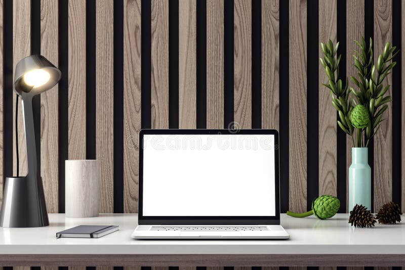 Computer Mockup, PC Screen on Table in Office, 3d Rendering of ...