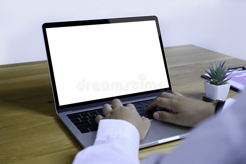 Blank Screen Laptop Computer on Wood Table with Clipping Path. Business ...