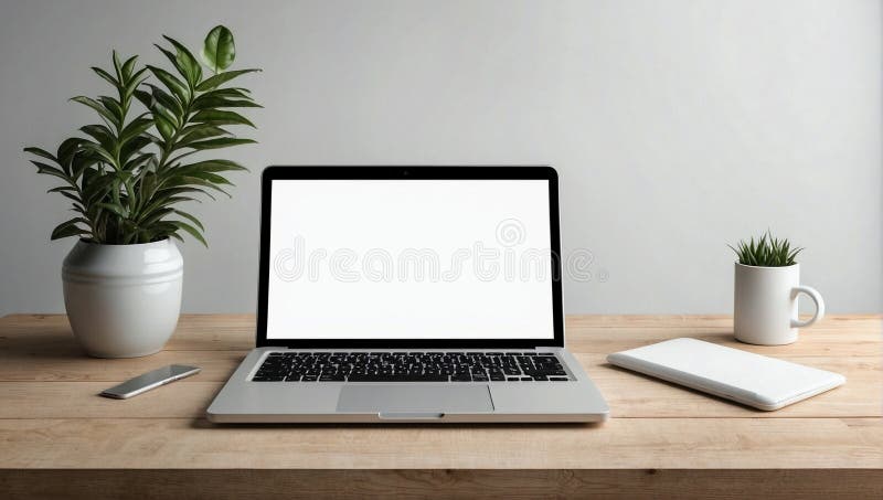 Computer Mockup White Background on Table on Light Wooden. Computer ...