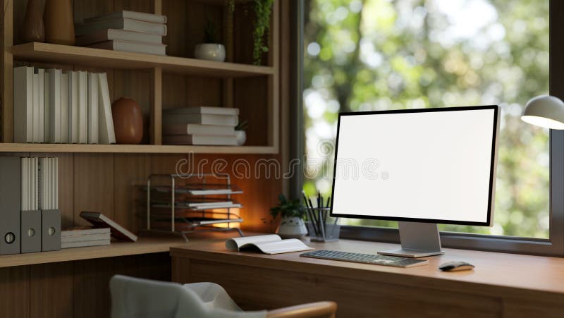 A Computer Mockup on a Wooden Desk Against the Window in a Modern and ...