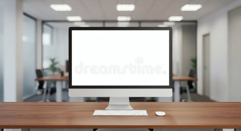 Computer Mockup on Wooden Desk in Modern Office Environment Display ...