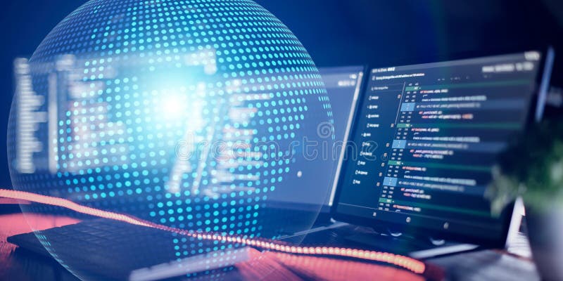 Computer Monitor With Abstract World Map And Binary Code Programming