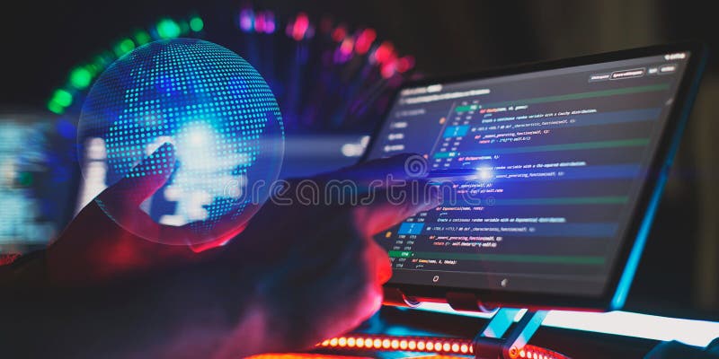 Computer Monitor With Abstract World Map Programming Anywhere In The World Stock Image Image