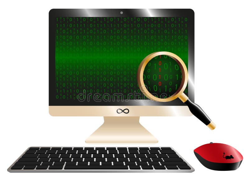 Computer Monitor With Binary Code And Magnifying Loupe Vector