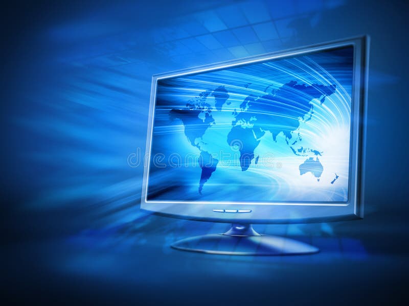 Computer Monitor with Blue Earth Background on the Screen Stock ...