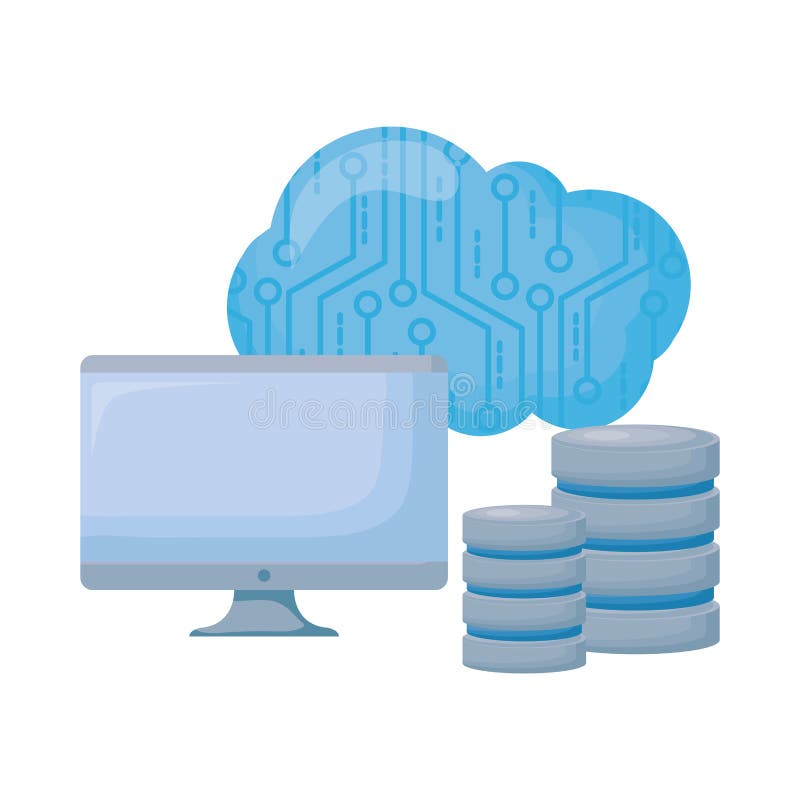 Computer Monitor with Circuit Cloud and Disks Stock Illustration - Illustration of element ...