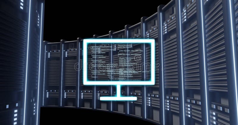 Computer Monitor with Code Animation Over Server Racks in Data Center Stock Video - Video of ...