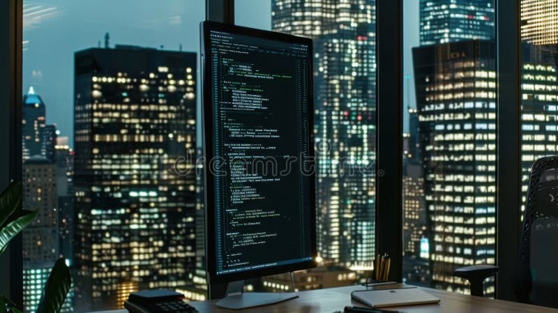 A Computer Monitor is on a Desk in Front of a City Skyline Stock Image ... A Computer Monitor is on a Desk in Front of a City Skyline Stock Image ...