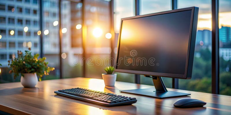 Computer Monitor on Desk with Sunset View, Desktop, Workspace, Computer ...